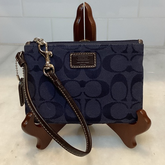 Coach | Bags | Coach Navy Blue Signature Jacquard Logo Wristlet | Poshmark